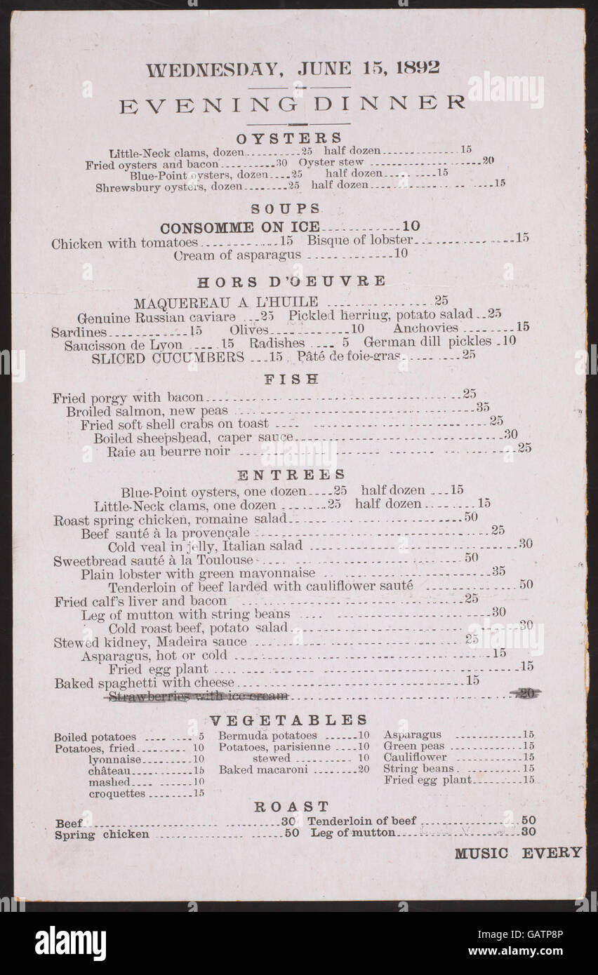 The evening dinner menu at The Mouquin Restaurant & Wine Co. in New ...