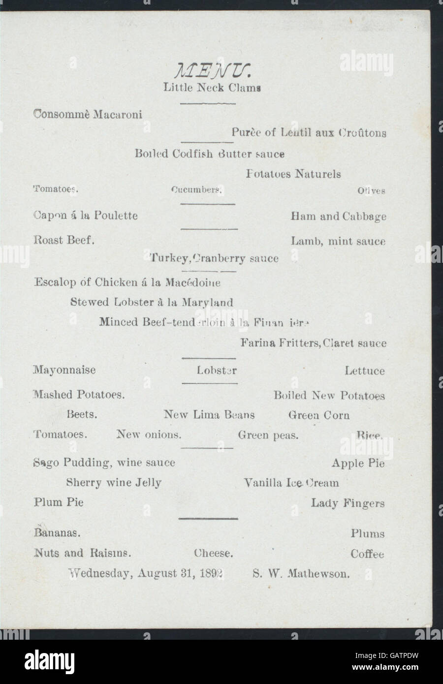 The dinner menu from The Mathewson at Narragansett Pier, Rhode Island ...