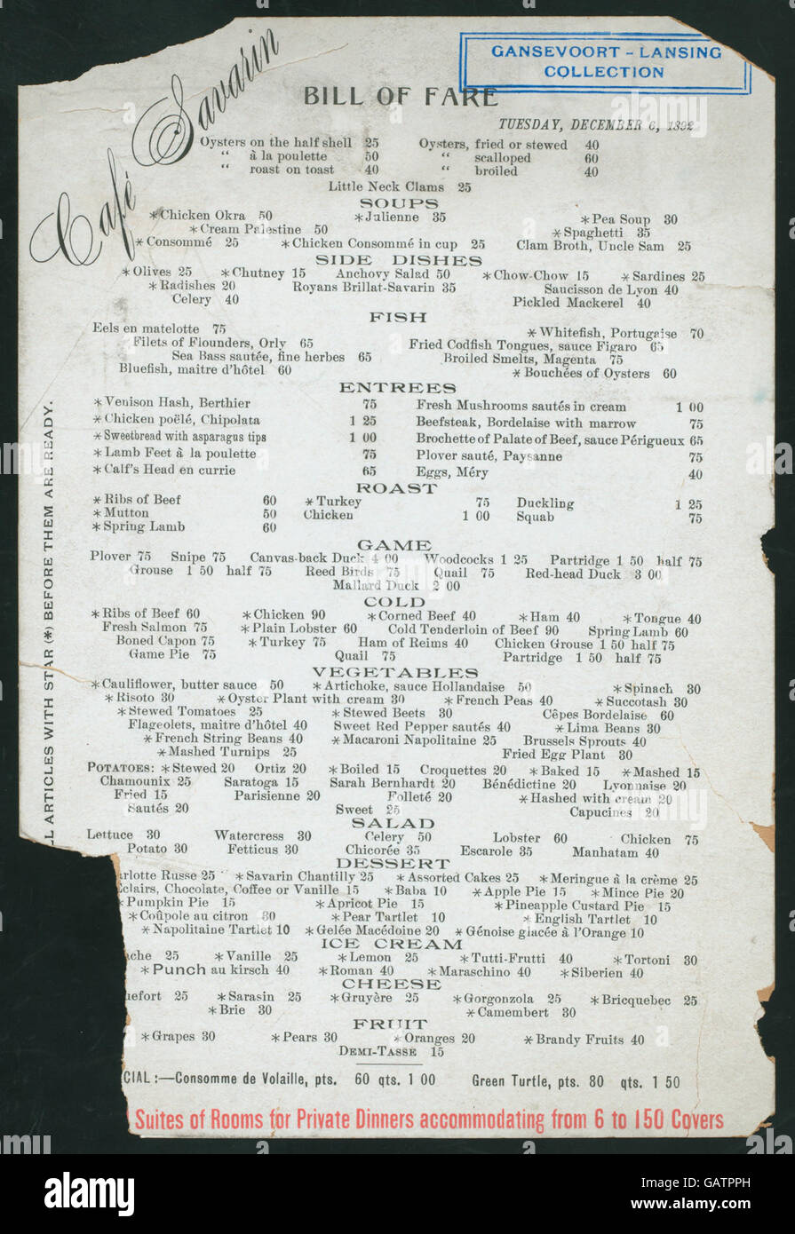 A 'bill of fare' from Cafe Savarin, a restaurant known for its menu ...