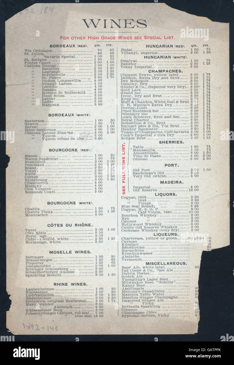 A bill of fare, or menu, for a meal at Cafe Savarin, a restaurant ...