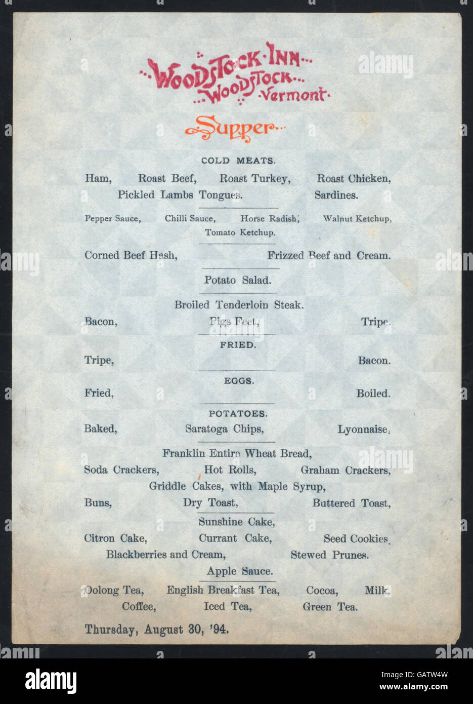 Supper for men held at Woodstock Inn in Woodstock, Vermont, a historic ...