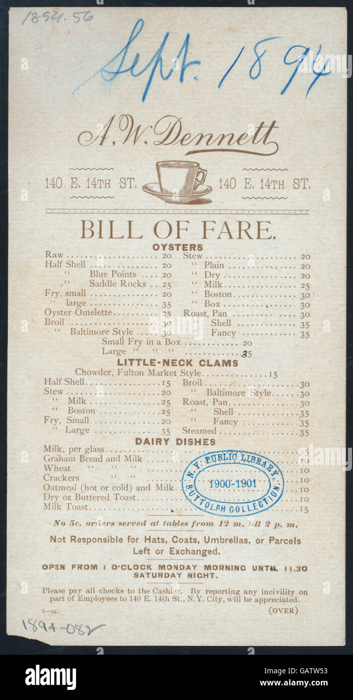 A bill of fare for a meal held by A.W. Dennett at a restaurant in New ...