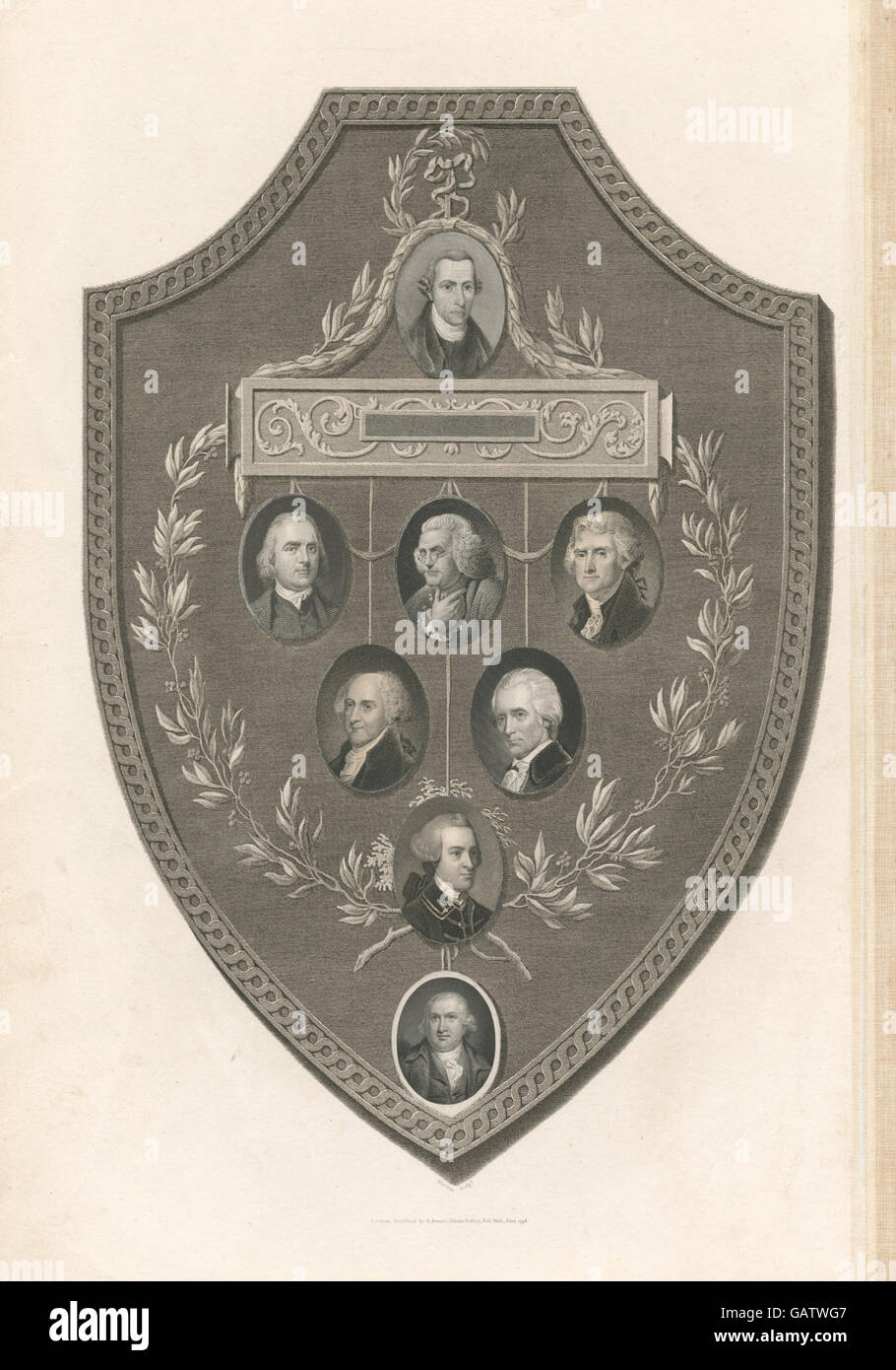 This image features a shield adorned with portraits of historical ...