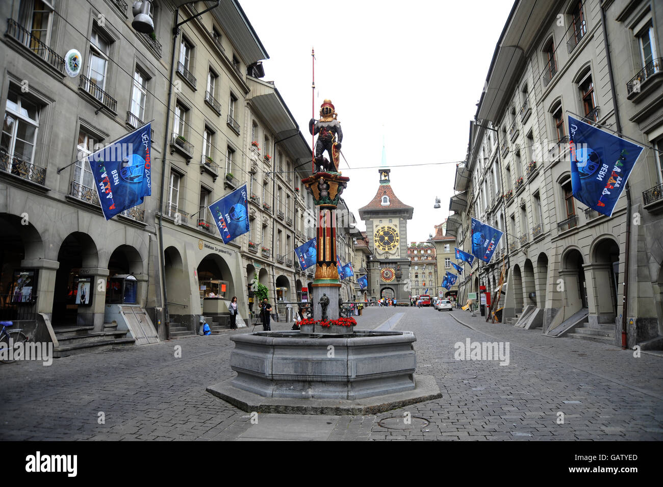 One of the many water fountains and Statues on Bern's Kramgasse, with ...