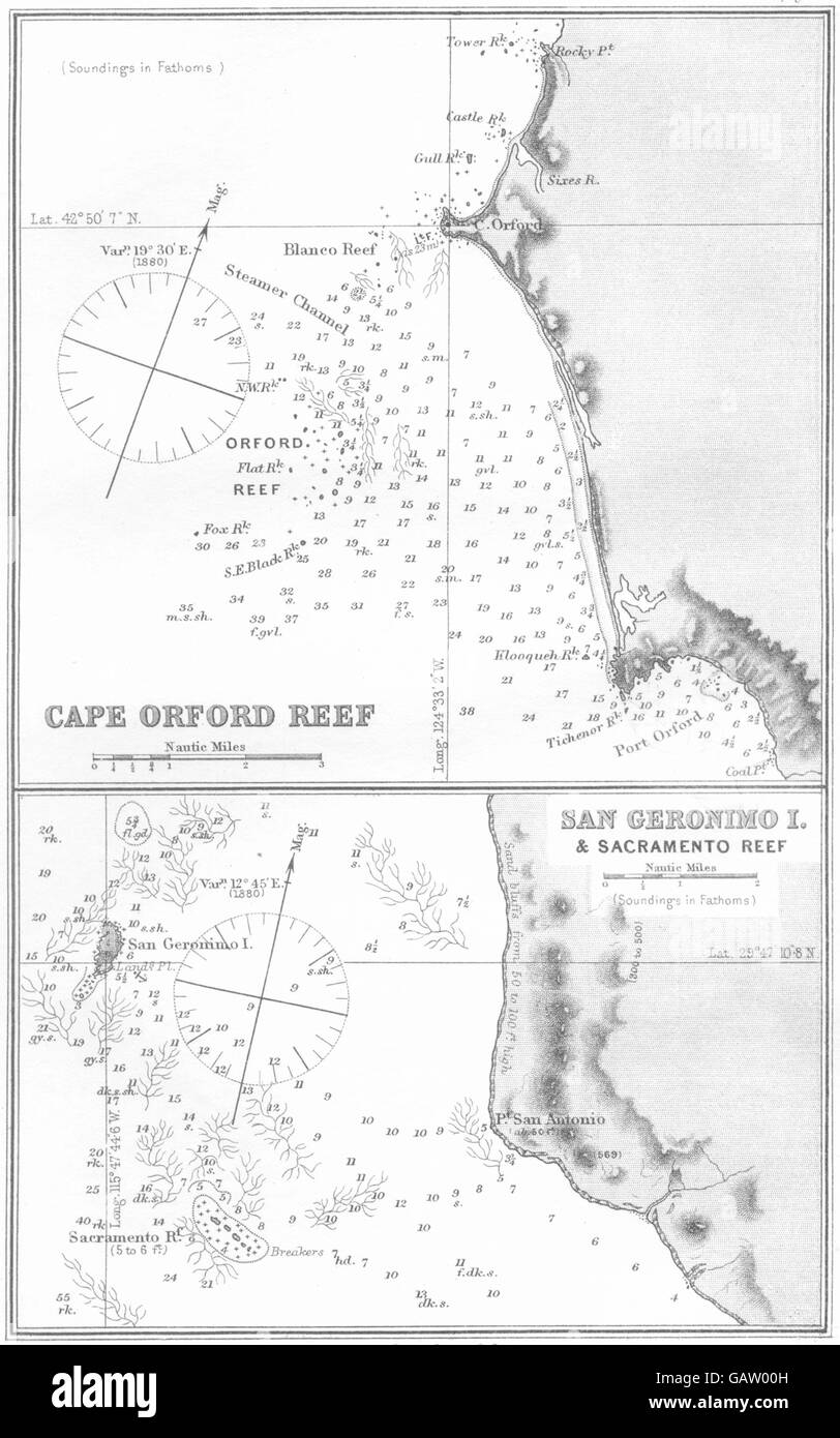 OREGON:Sea chart of Cape Orford Reef;San Geronimo I.& Sacramento Reef ...