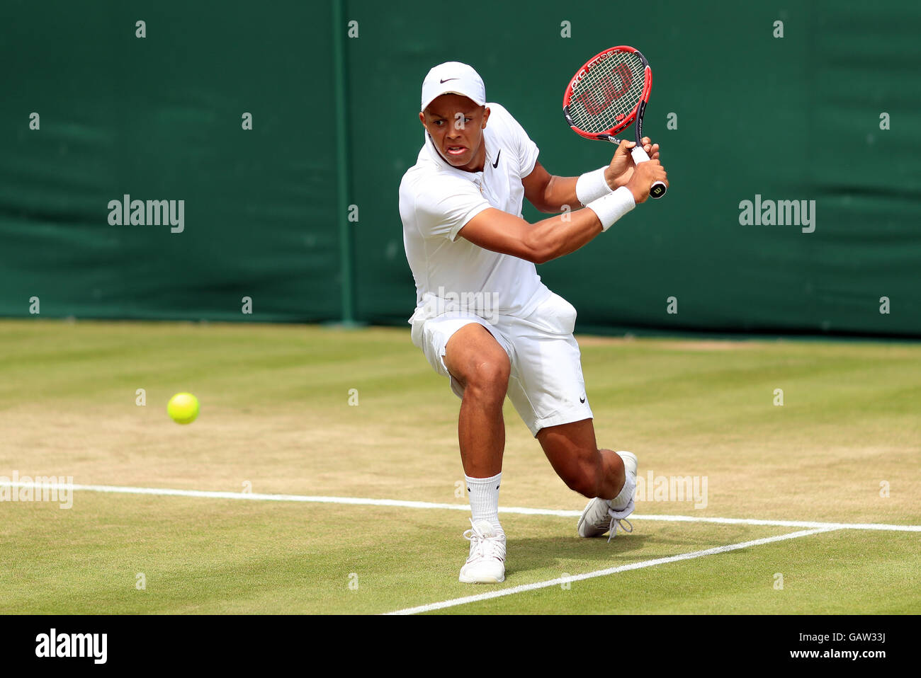 Jay Clarke in action in the boys singles on day eight of the Wimbledon ...