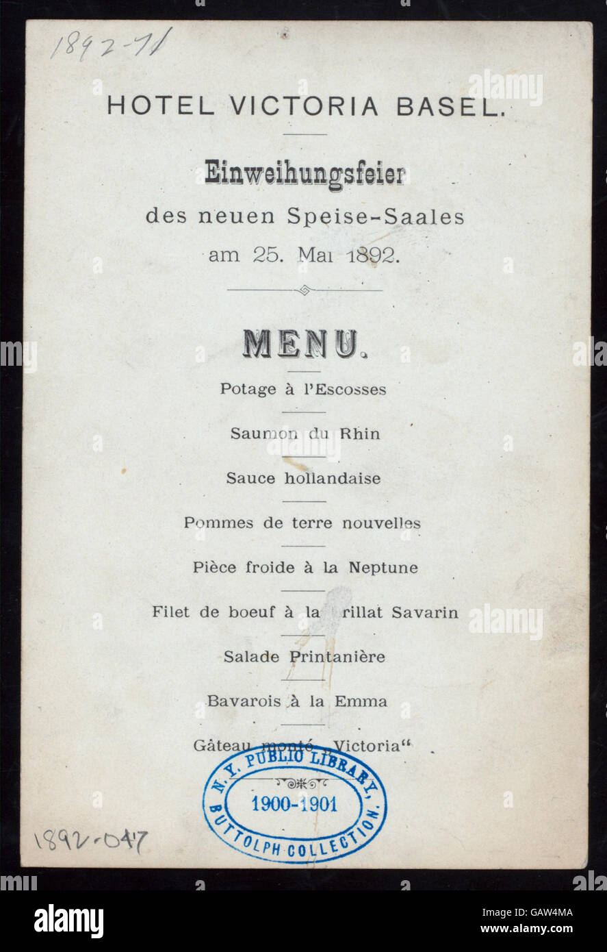A historical menu from Hotel Victoria in Basel, Switzerland, providing ...