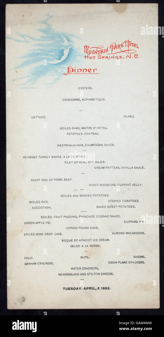 A historical dinner menu from the Mountain Park Hotel at Hot Springs ...