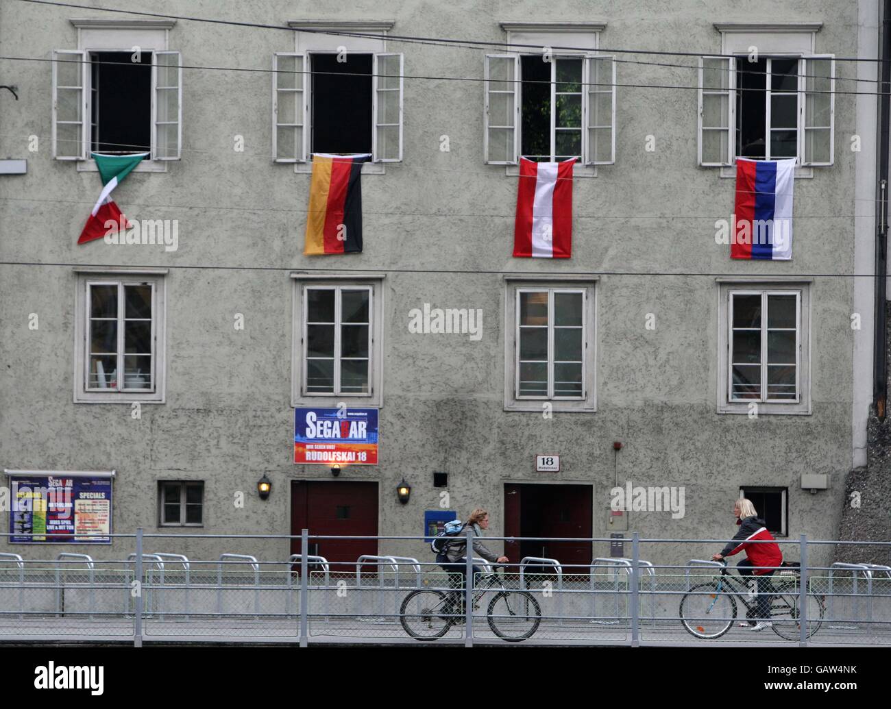 National flags hang from windows in Sazburg during Euro 2008 Stock ...