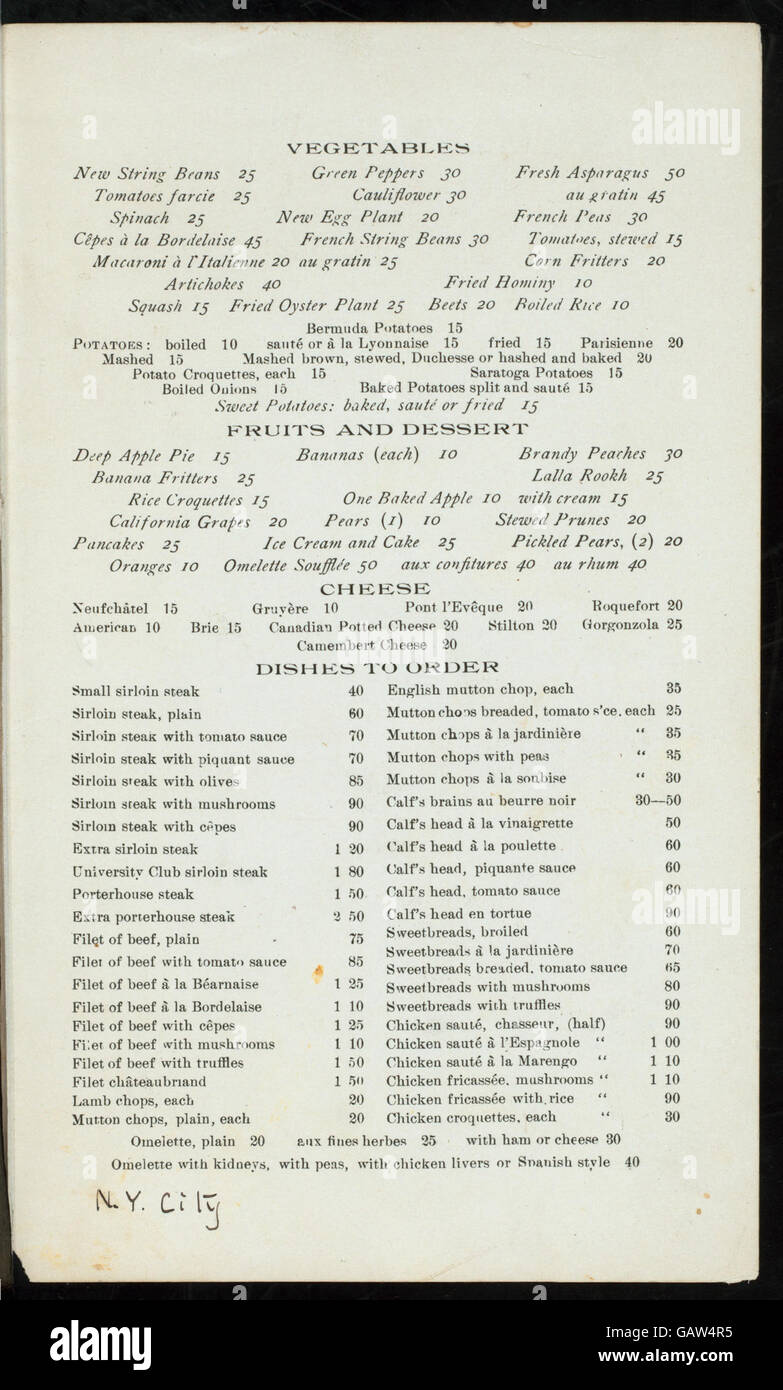The University Club in New York served a daily menu, offering a refined ...