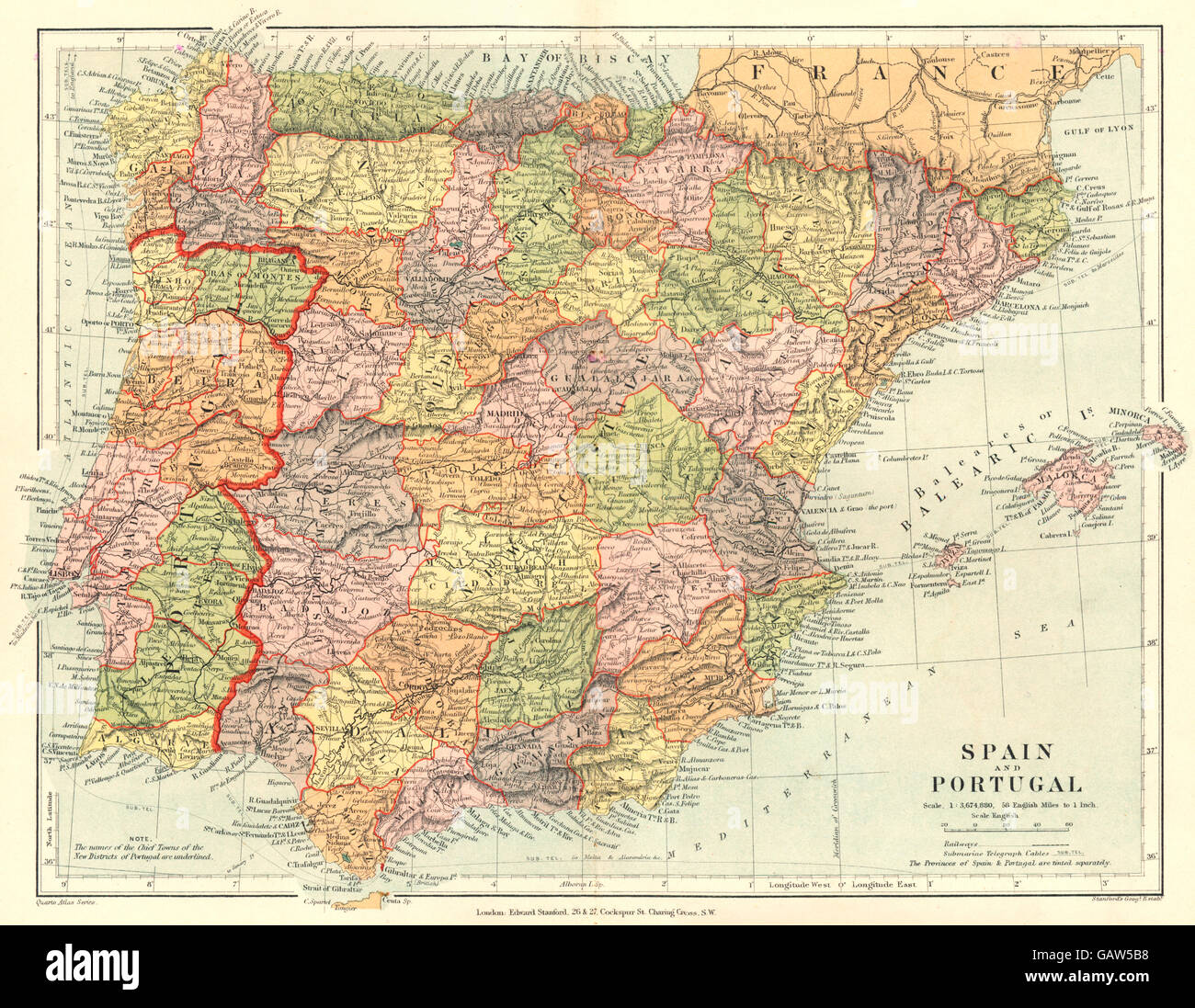 IBERIA: Spain and Portugal. Stanford, 1892 antique map Stock Photo - Alamy