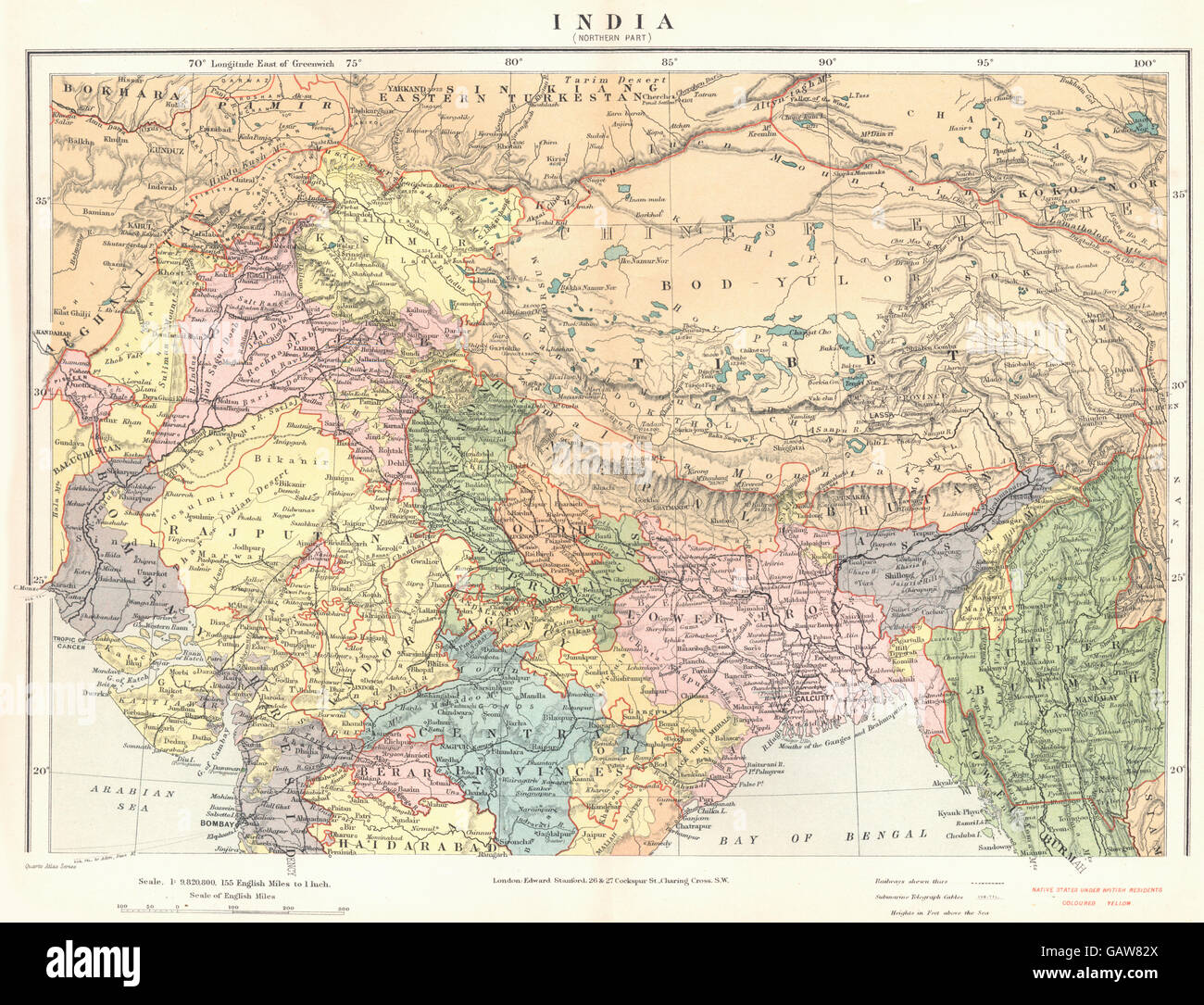 INDIA: India (Northern part) . Tibet Nepal Bhutan. Stanford, 1892 ...