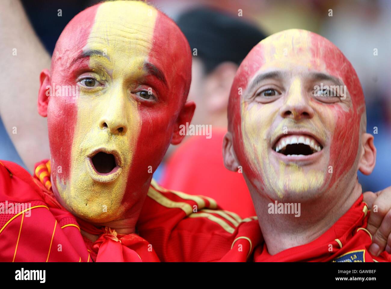 Two Spanish fans show their support and colours in the stands before ...