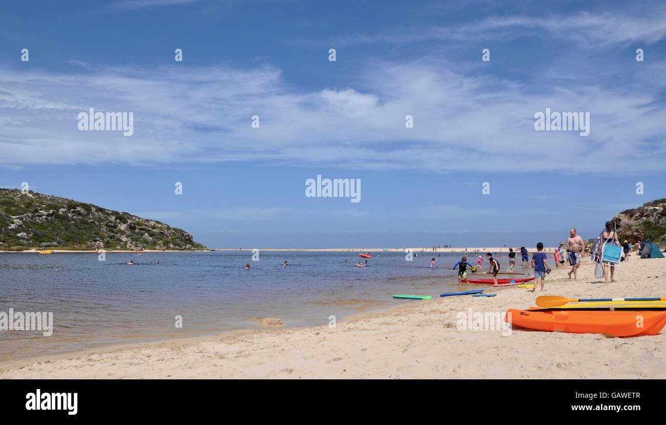 Guilderton,WA,Australia-October 3,2015:Beach with tourists and kayaks ...