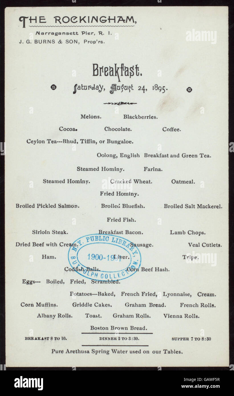 A breakfast menu served at The Rockingham, located at Narragansett Pier ...