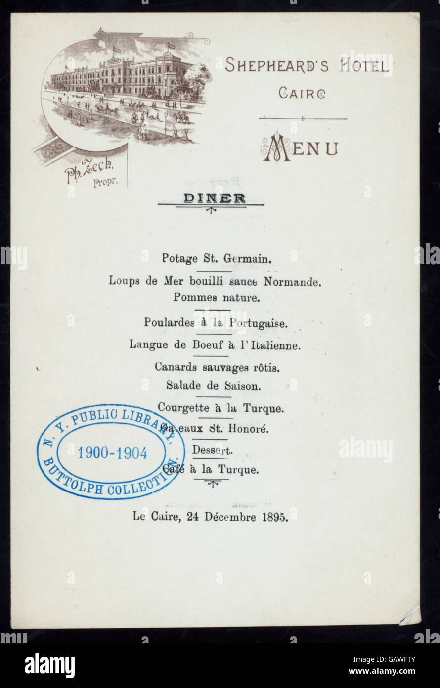 A dinner menu held at Shepheard's Hotel in Cairo, Egypt. This menu ...