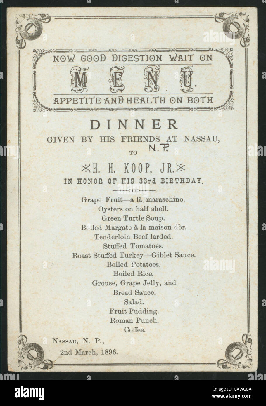 A birthday dinner was hosted for H.H. Koop, Jr. at Nassau, celebrating ...