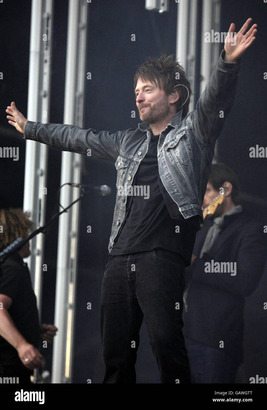 Thom Yorke of Radiohead performing on stage at Victoria Park in east ...