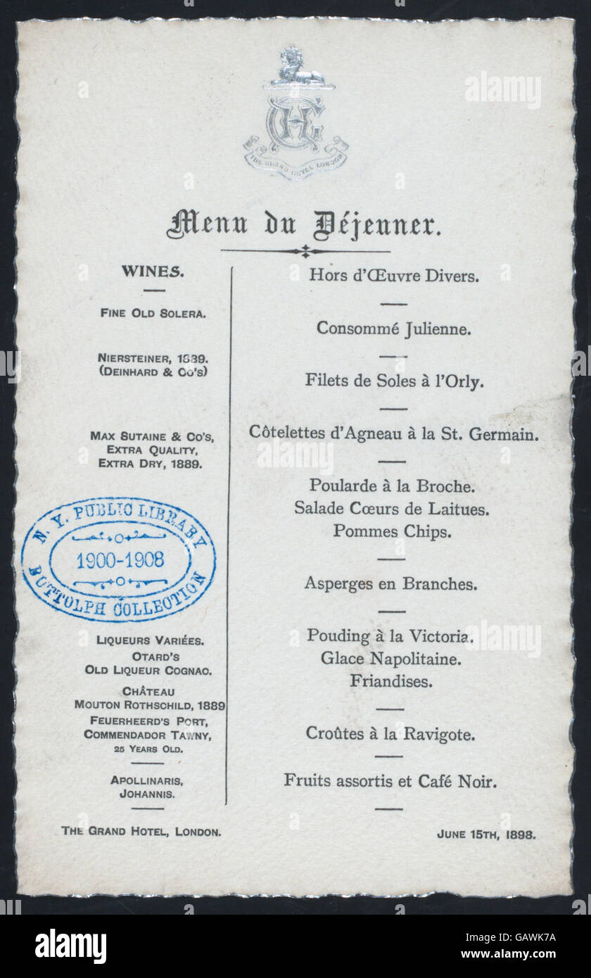 Early hotel menus hi-res stock photography and images - Alamy