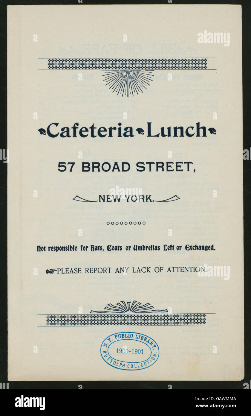 DAILY MENU (held by) CAFETERIA LUNCH (at) 57 BROAD STREET, NEW YORK ...