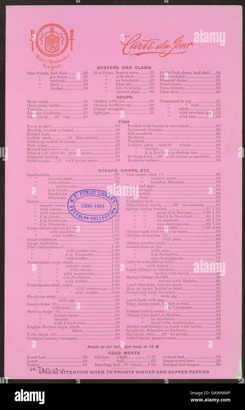 A 'Carte du Jour' menu from Hotel Vendome in New York, reflecting the ...