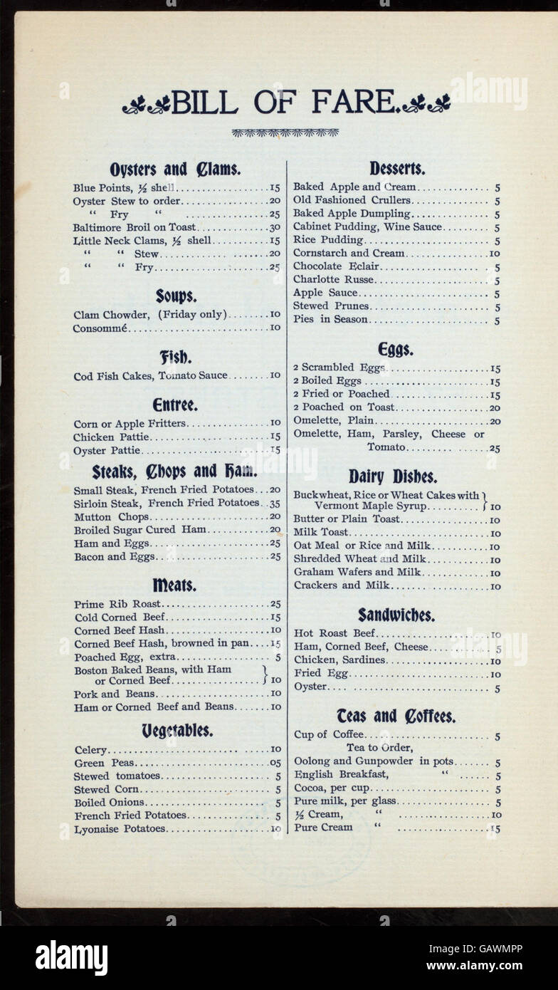 A bill of fare from a cafeteria lunch in New York, NY, likely ...