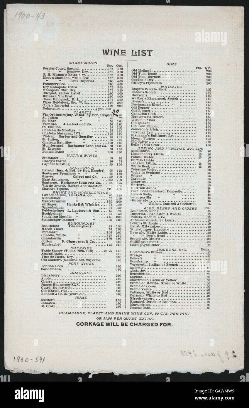 The 'Daily Bill of Fare' at the Hotel Empire, located on Broadway and ...