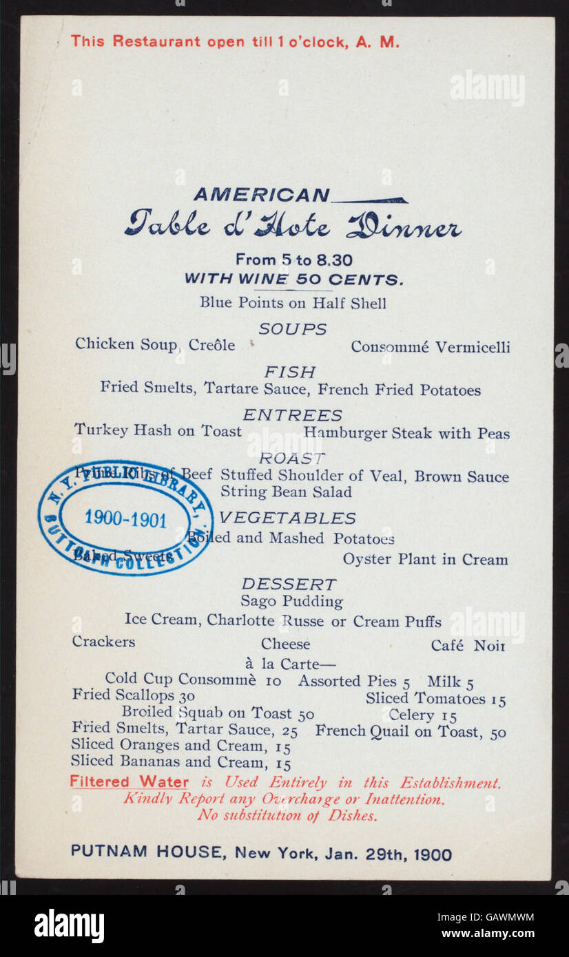 A table d'hote dinner held at Putnam House, a hotel in New York ...