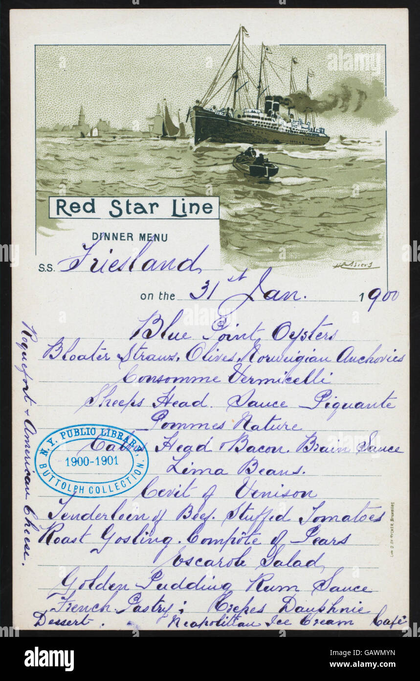 A dinner menu from the Red Star Line, aboard the S.S. Friesland. This ...