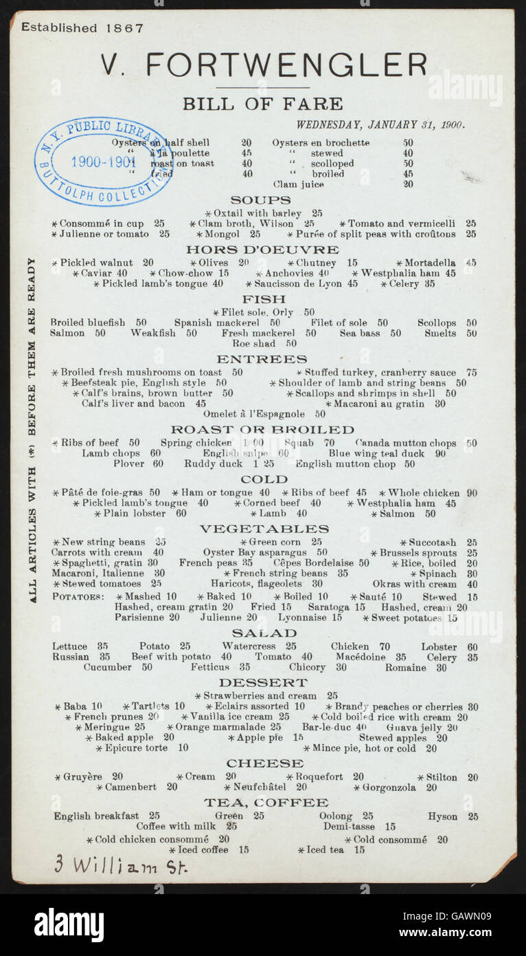 A bill of fare held by V. Fortwengler at 3 William St. in New York. The ...