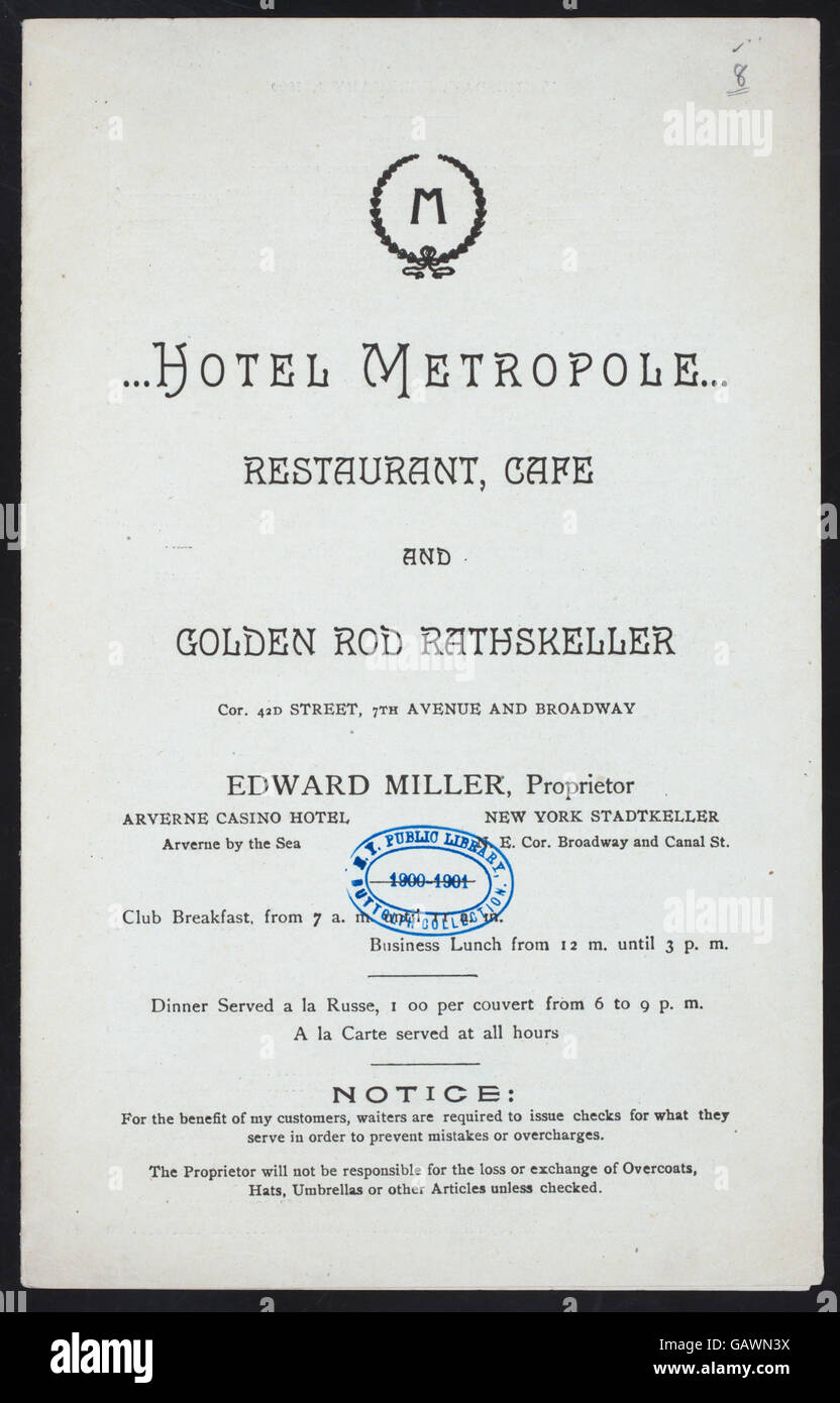 The daily menu served at Hotel Metropole and Golden Rod Rathskeller ...