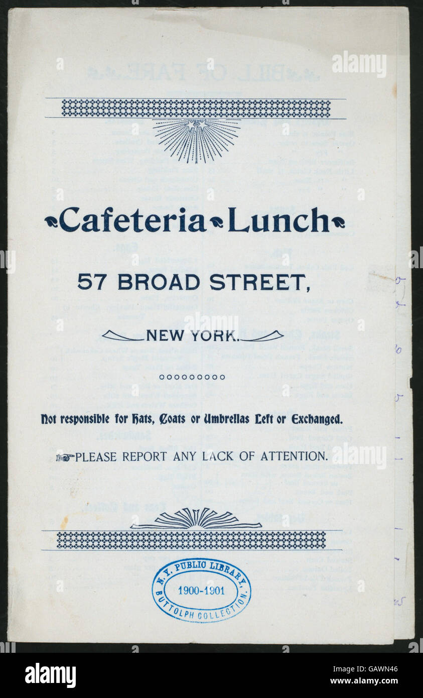 A daily lunch menu served at a cafeteria located at 57 Broad Street in ...