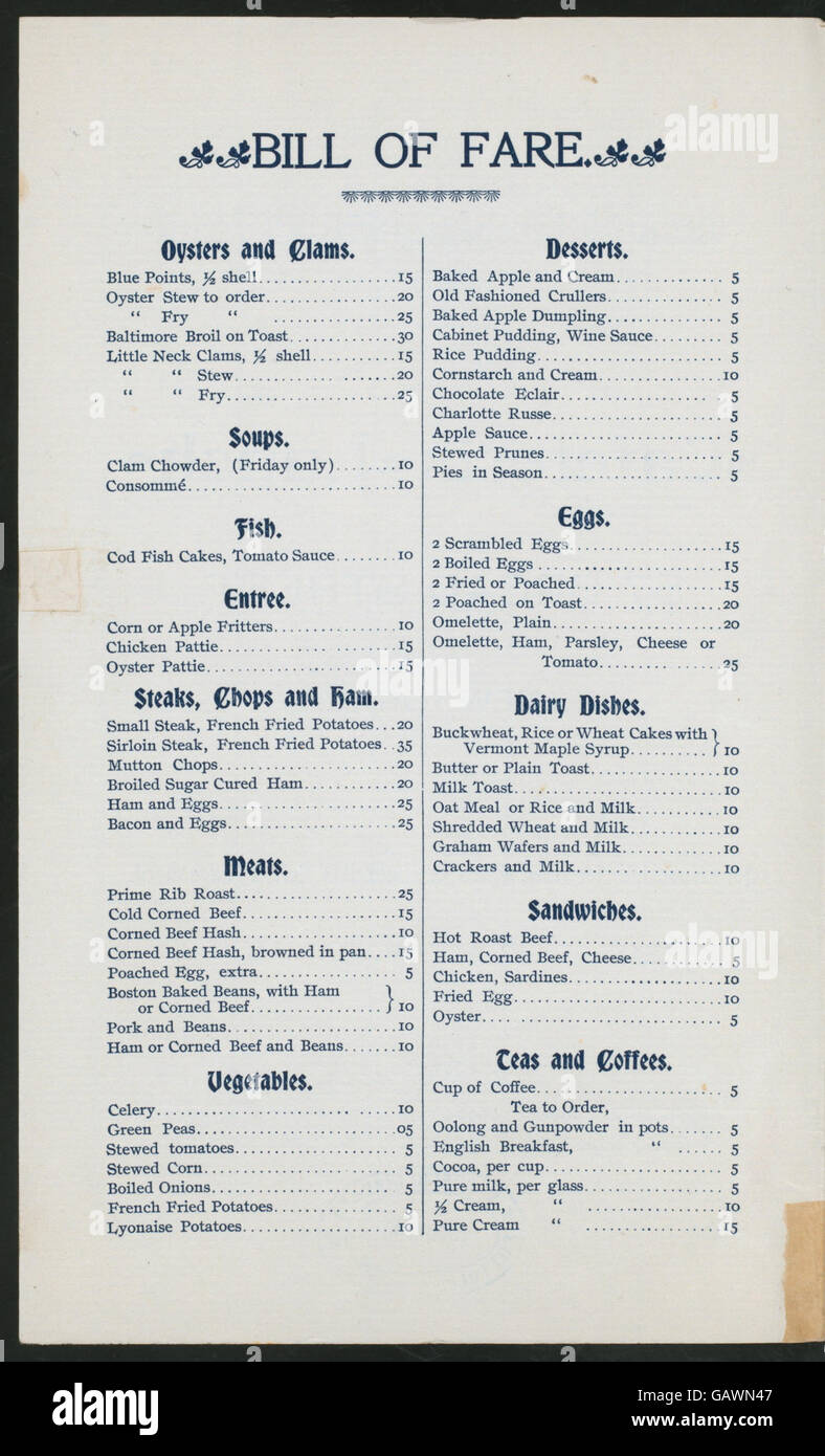 The daily bill of fare for lunch at a cafeteria located at 57 Broad St ...