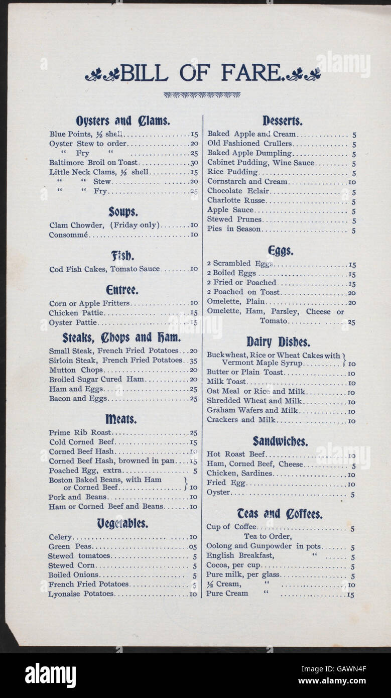 The Daily Bill of Fare at a cafeteria located at 57 Broad Street, New ...