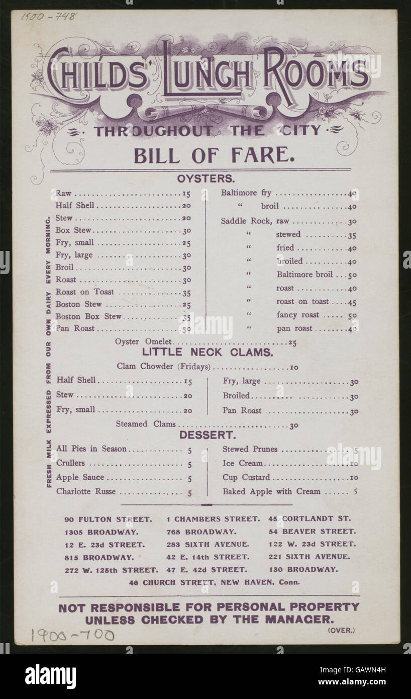 This bill of fare from Childs' Lunch Rooms, New York, reflects early ...