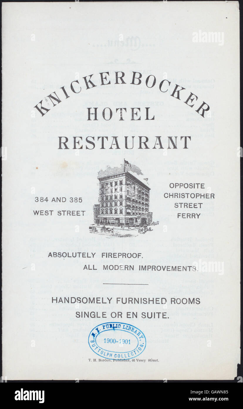 The Daily Menu served at the Knickerbocker Hotel Restaurant, located at ...