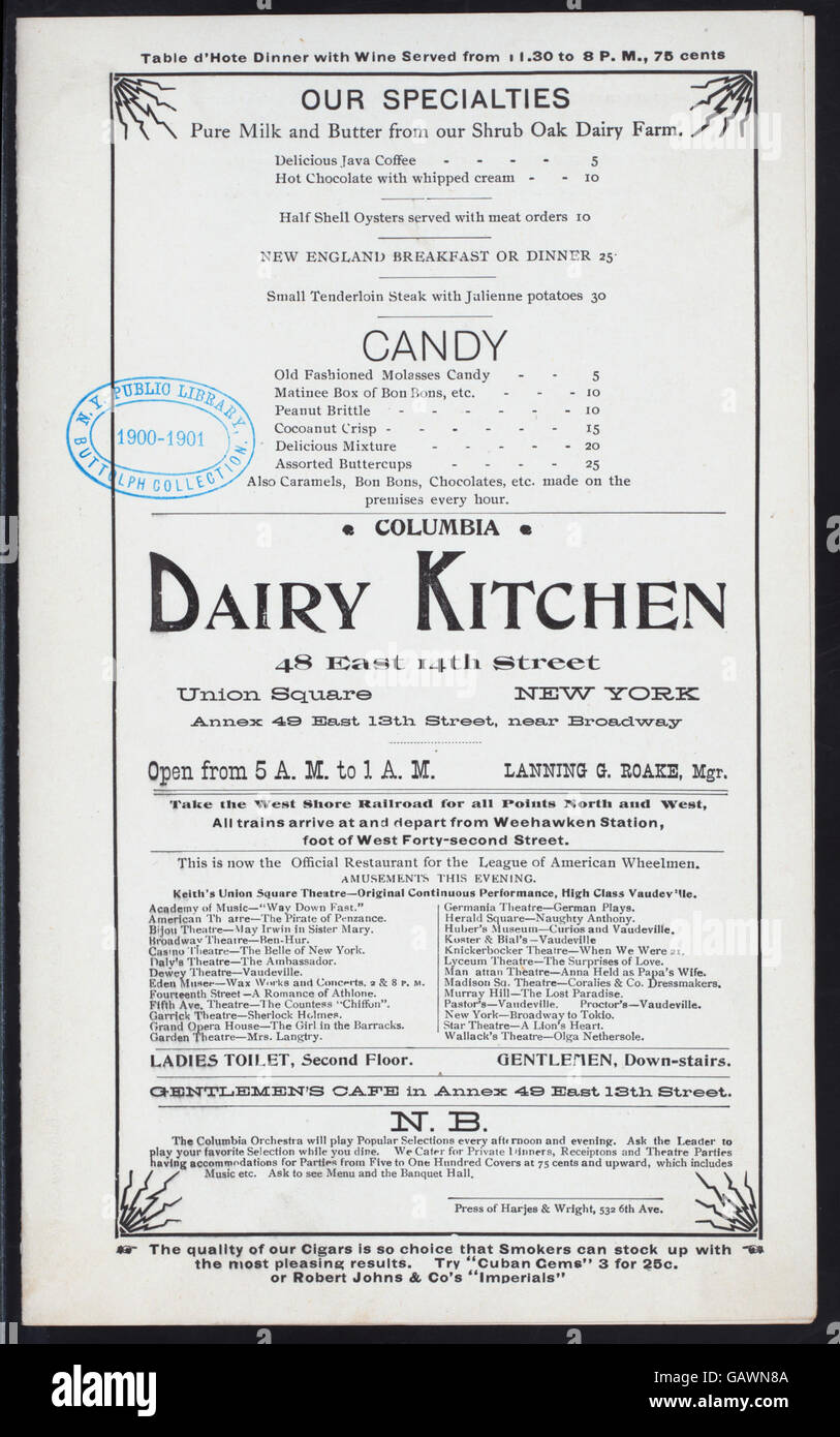A 1900 menu from Columbia Dairy Kitchen, located at 48 East 14th Street ...