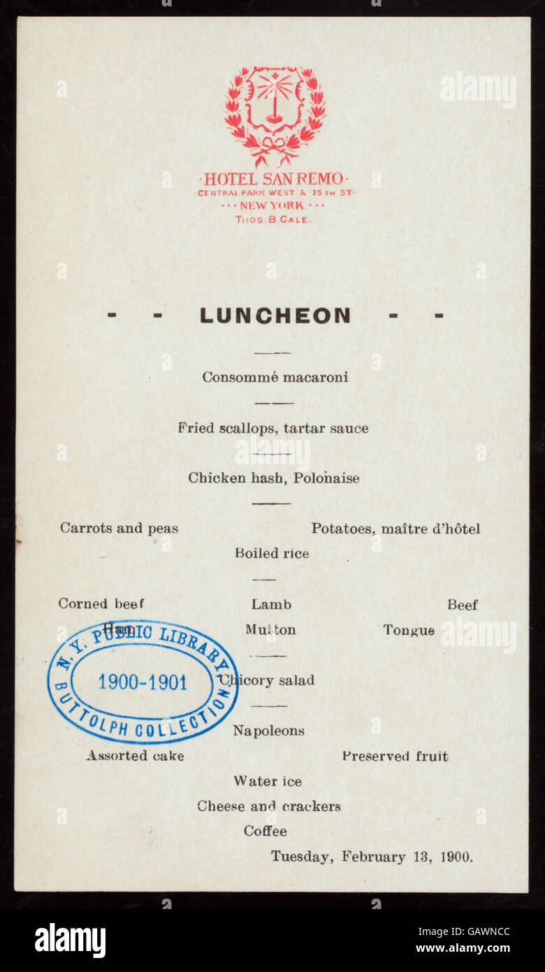 The luncheon menu at the San Remo Hotel in New York, showcasing the ...