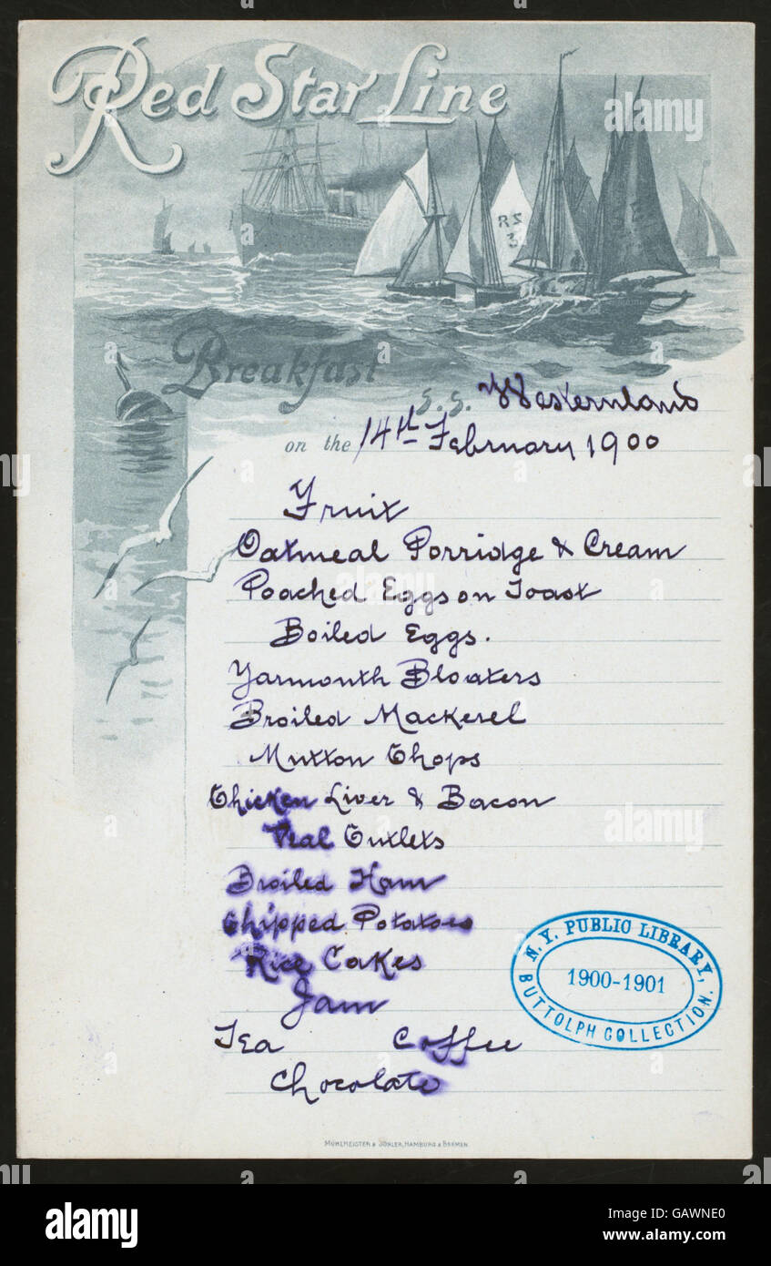 Breakfast served aboard the SS Westernland, a passenger ship of the Red ...