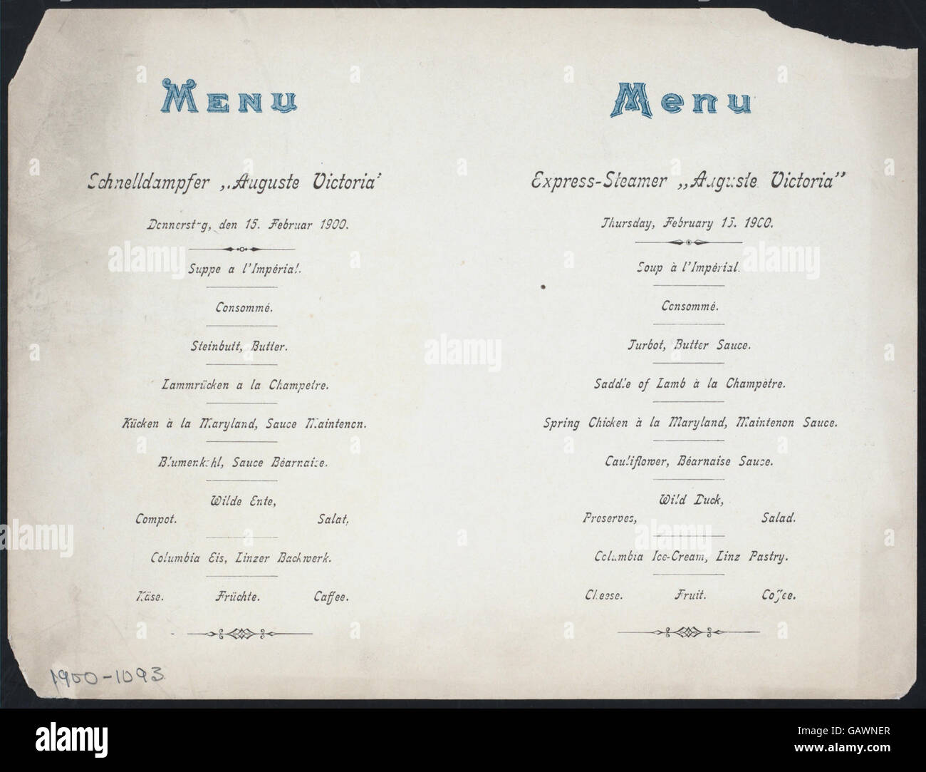 A menu offered aboard the SS Augusta Victoria, a ship operated by the ...