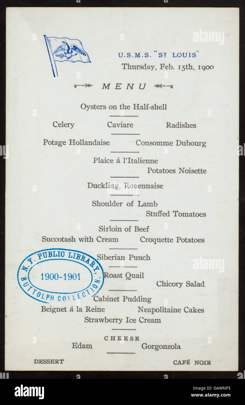 A menu offered on the U.S. Merchant Ship (U.S.M.S.) St. Louis, an ocean ...