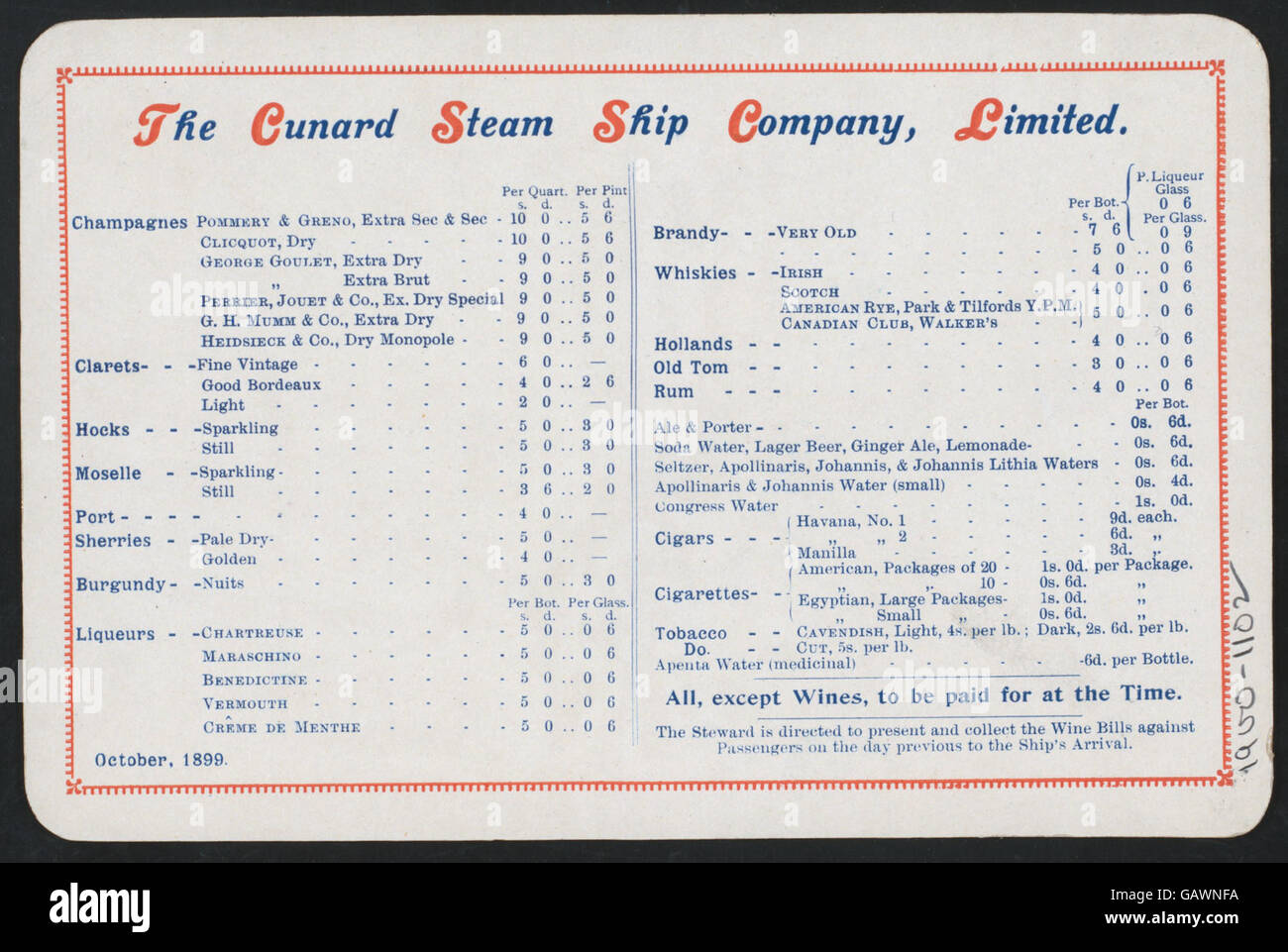 A menu from the R.M.S. Campania, a Cunard Line ship that operated in ...