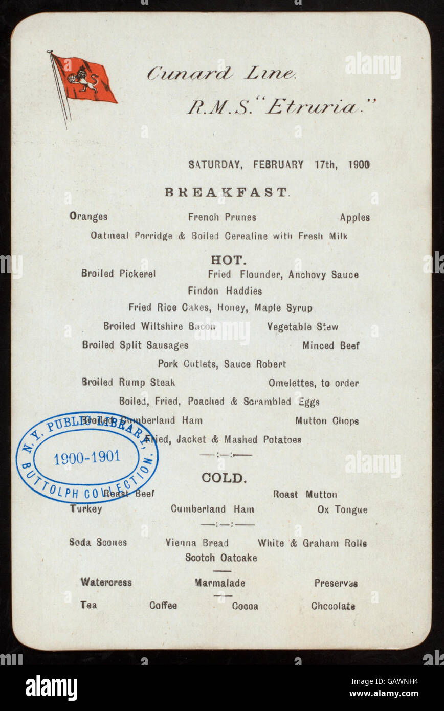 A breakfast held by Cunard Steamship Company aboard the RMS Etruria, en ...