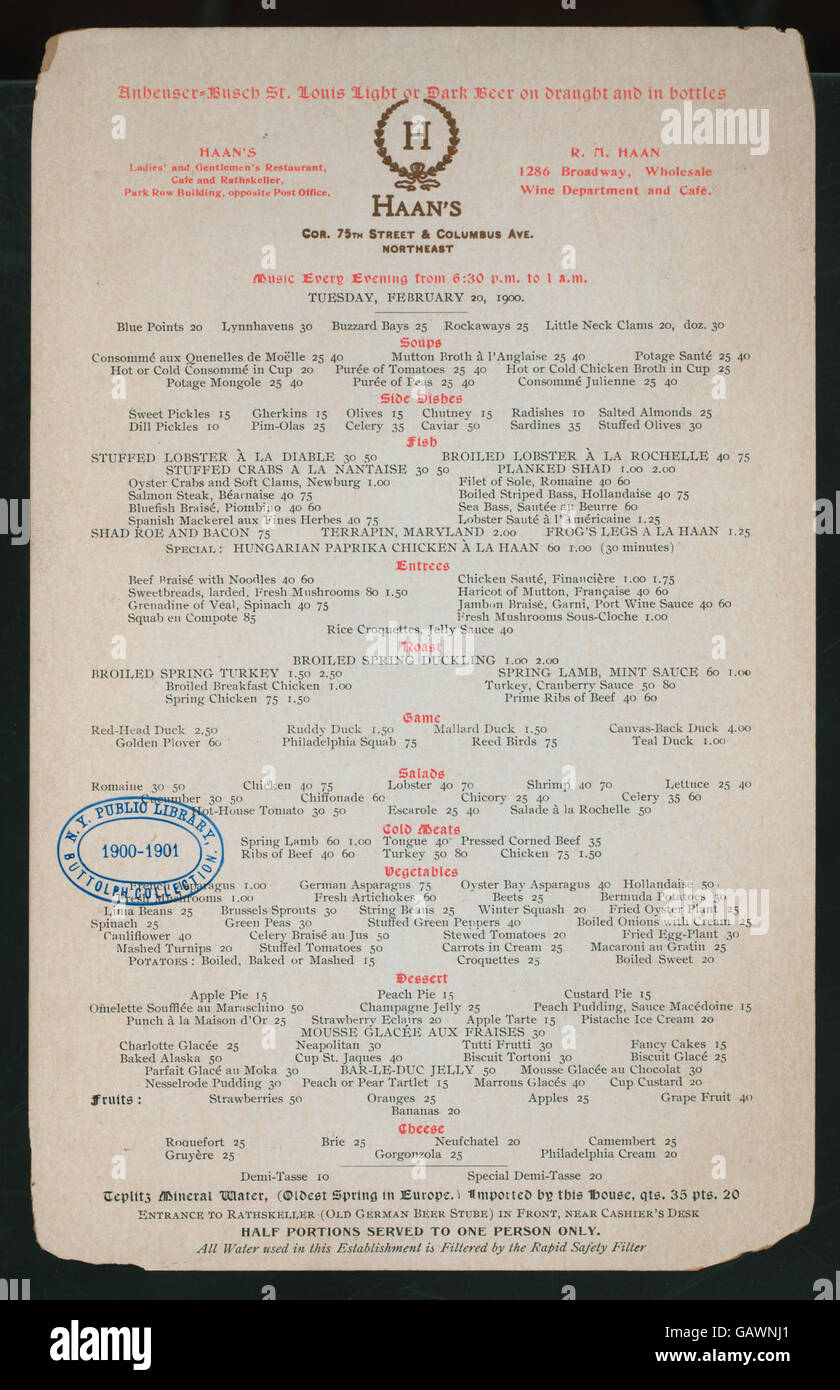 Menu from a dinner held at Haan's Restaurant located at 75th Street and ...