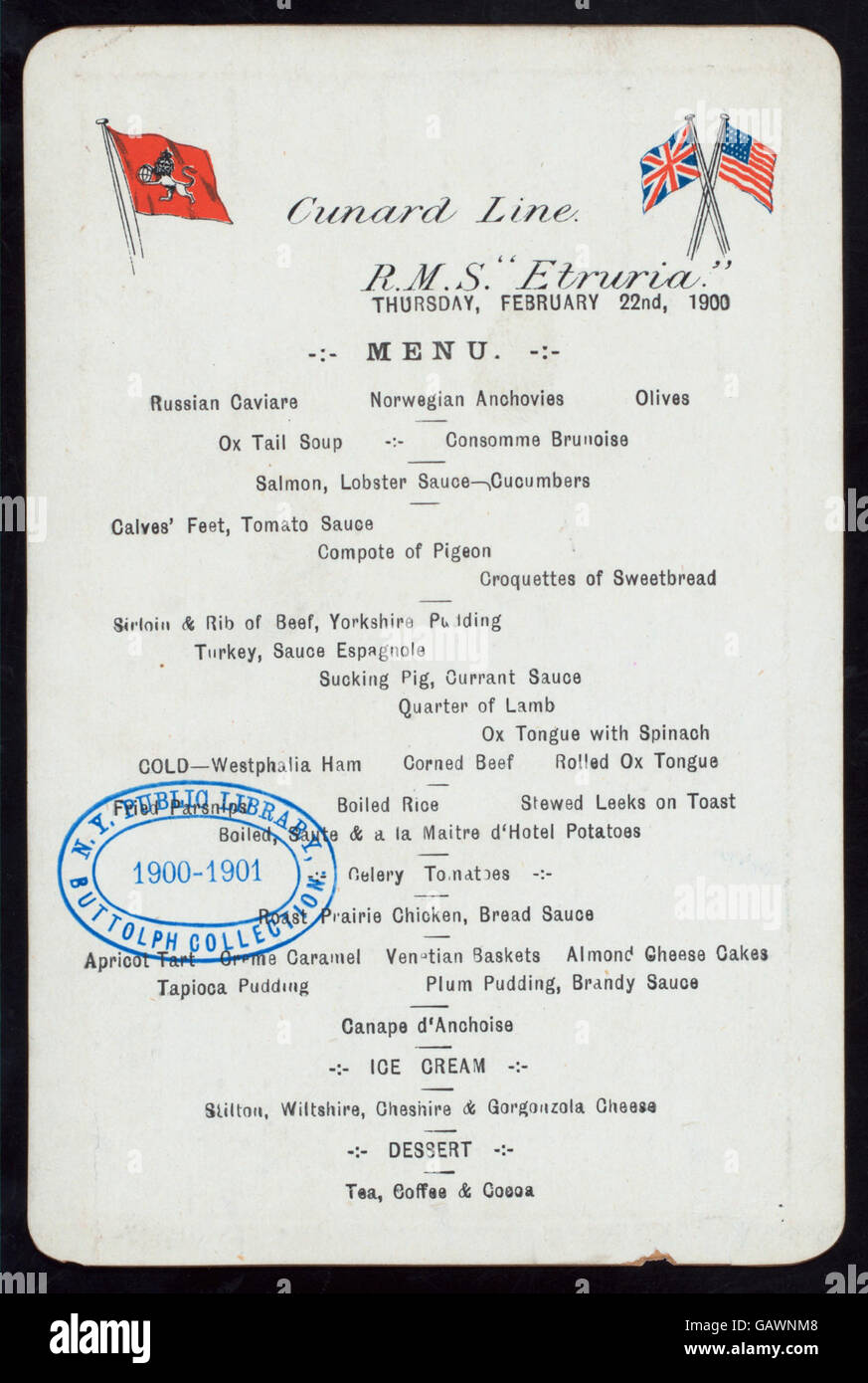 A dinner held aboard the R.M.S. Etruria, a luxury ocean liner operated ...