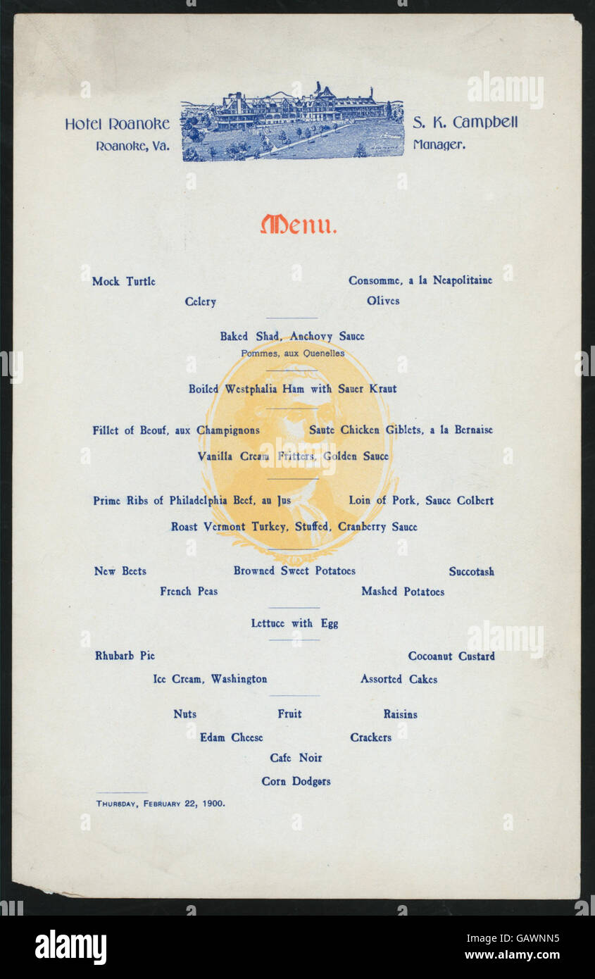 Menu held at the Roanoke Hotel in Roanoke, Virginia. The hotel offers a ...