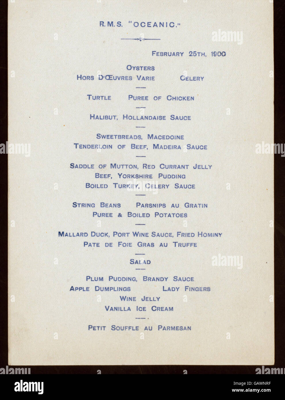 A lunch served aboard the RMS Oceanic, a ship of the Red Star Line ...