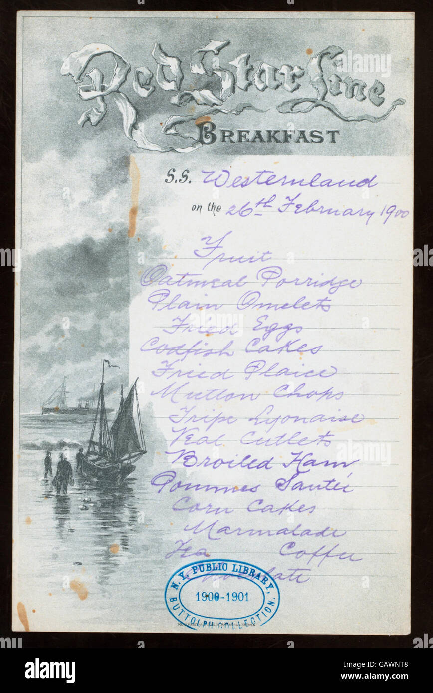 A breakfast served aboard the S.S. Westernland, a ship operated by the ...