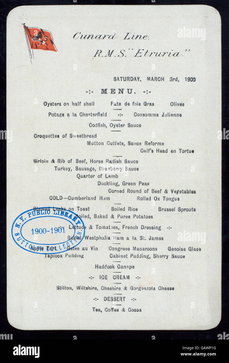 A menu aboard the R.M.S. Etruria, a Cunard Line transatlantic ship ...
