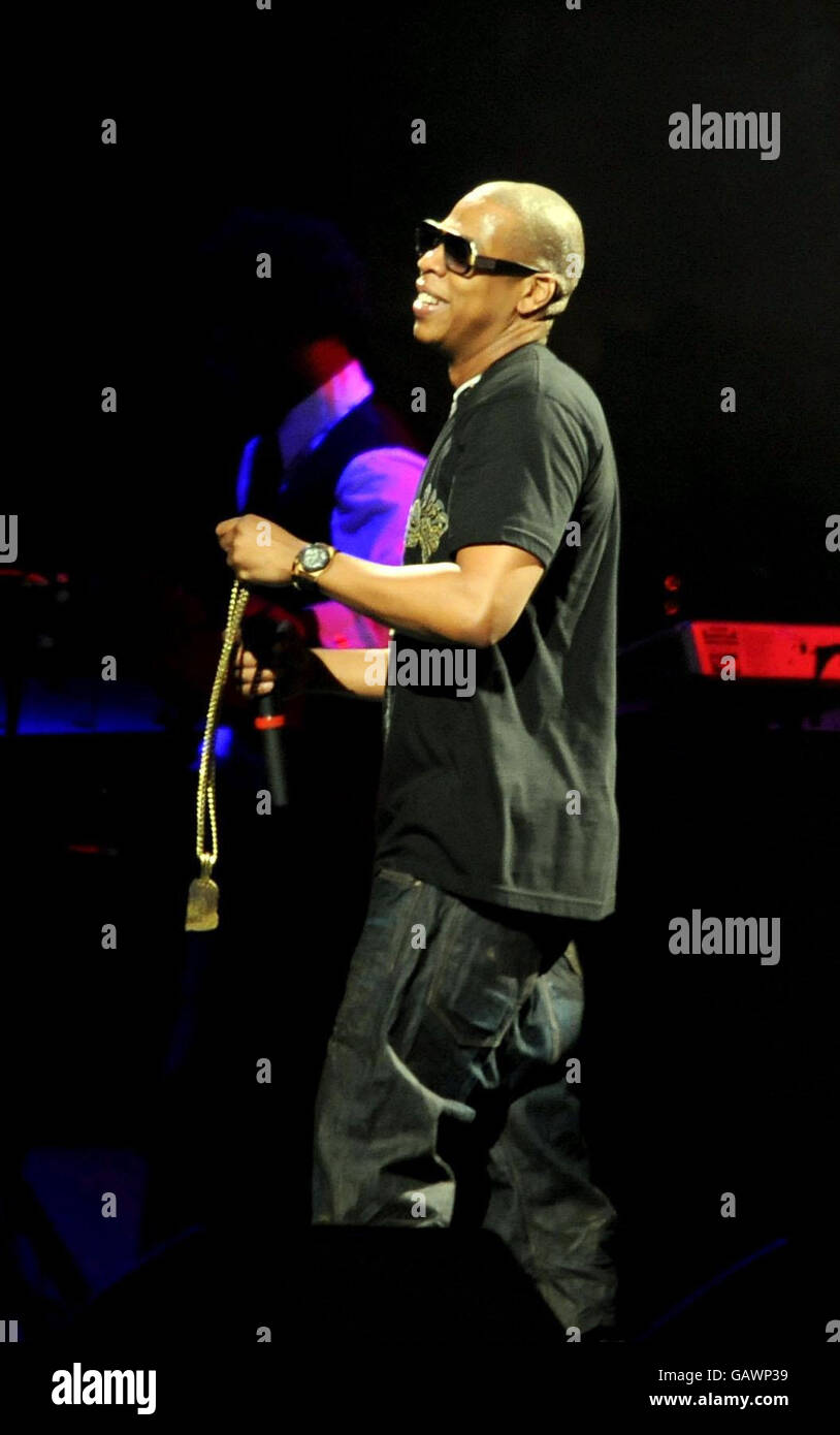 Jay-Z performs on the Pyramid Stage during day two of the Glastonbury ...